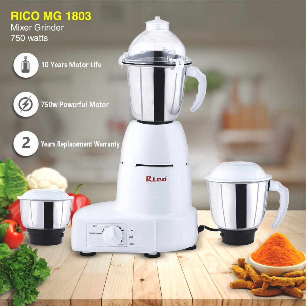 Rico Mixer Grinder 750 W with Chutney , Dry & Juicer Jar MG1803 (White ...
