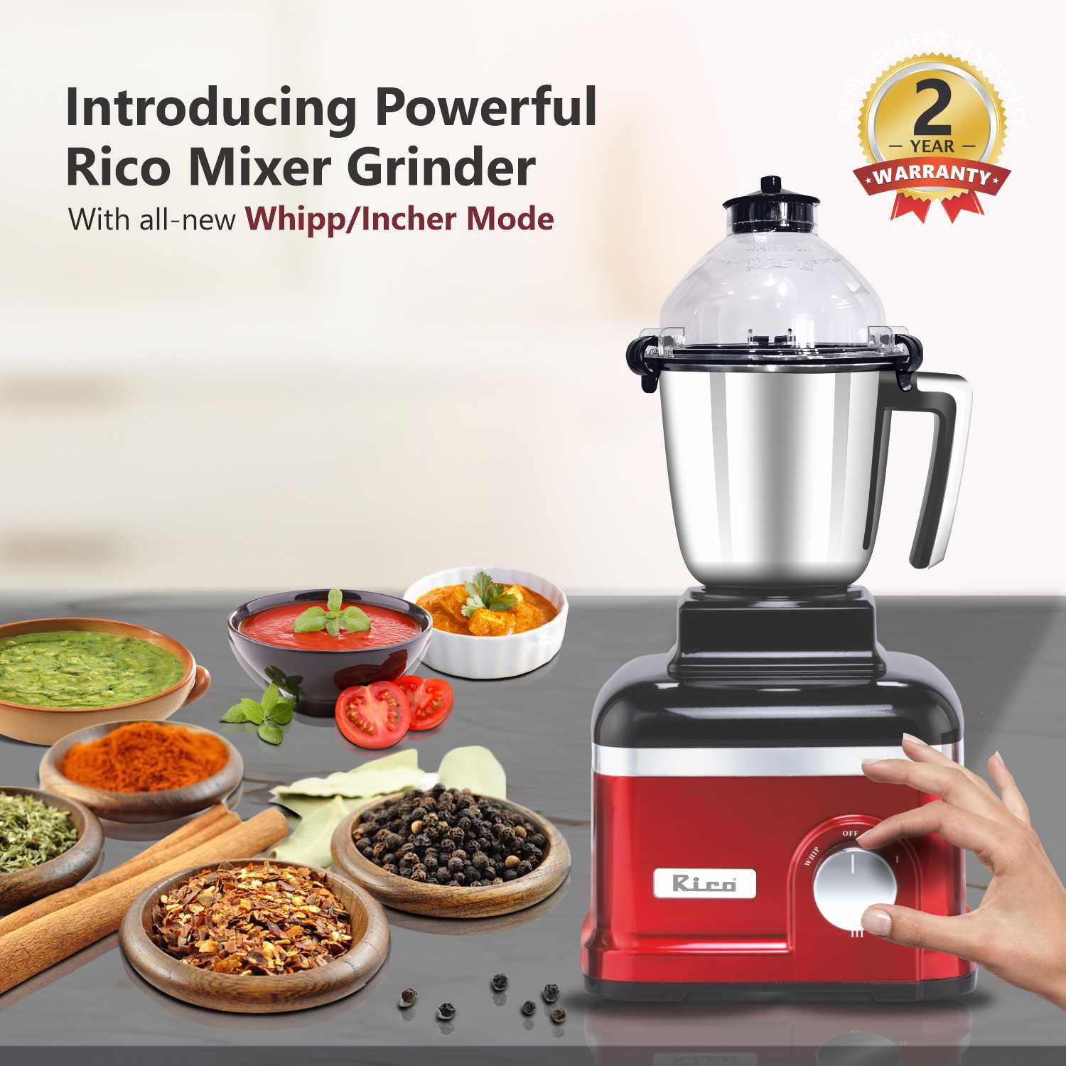 Mixer Grinder 1000 Watts with 3 Jars MG2513 (Red)– Rico India