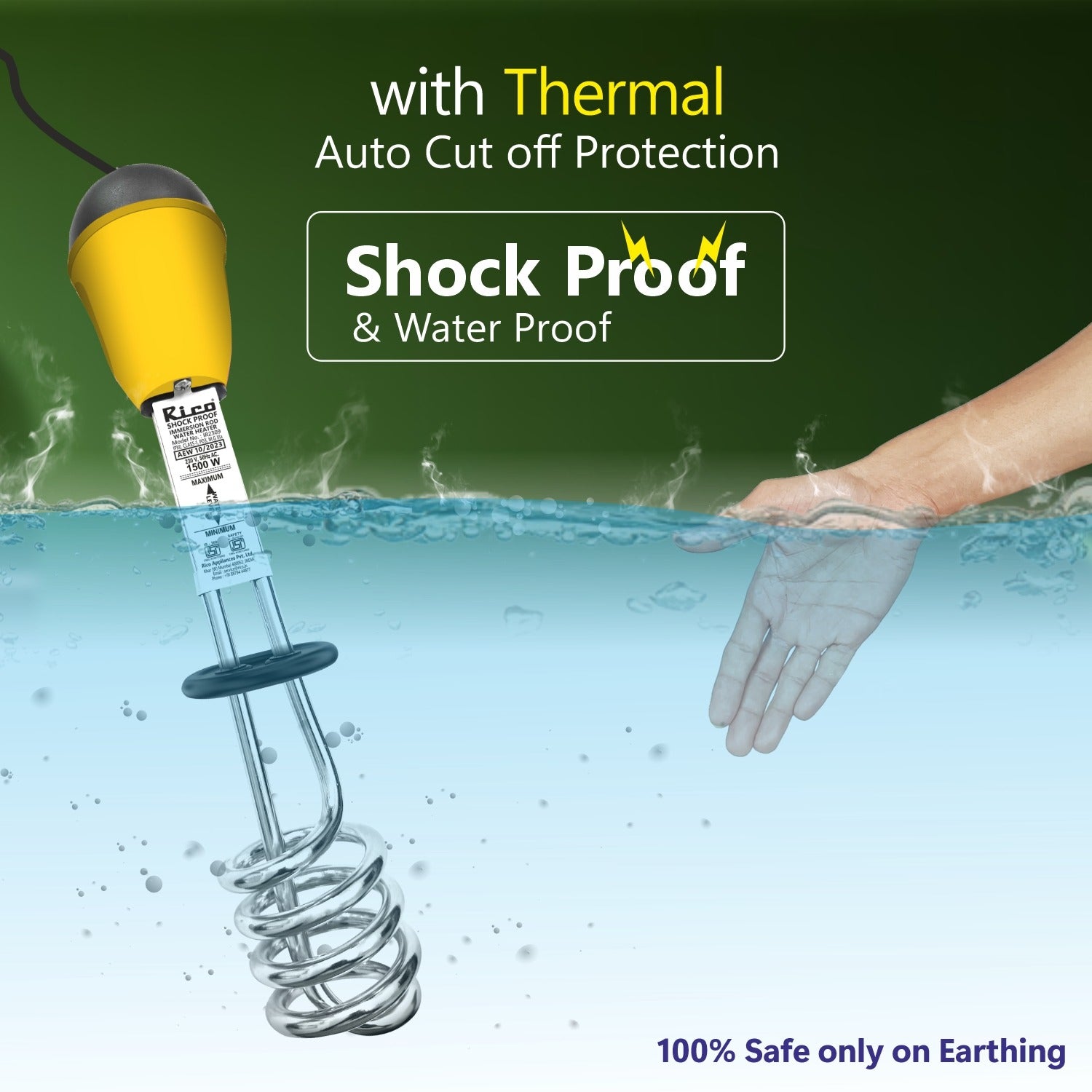 Shock* Proof Immersion Rod Water Heater 1500 Watts with Thermal Auto C ...