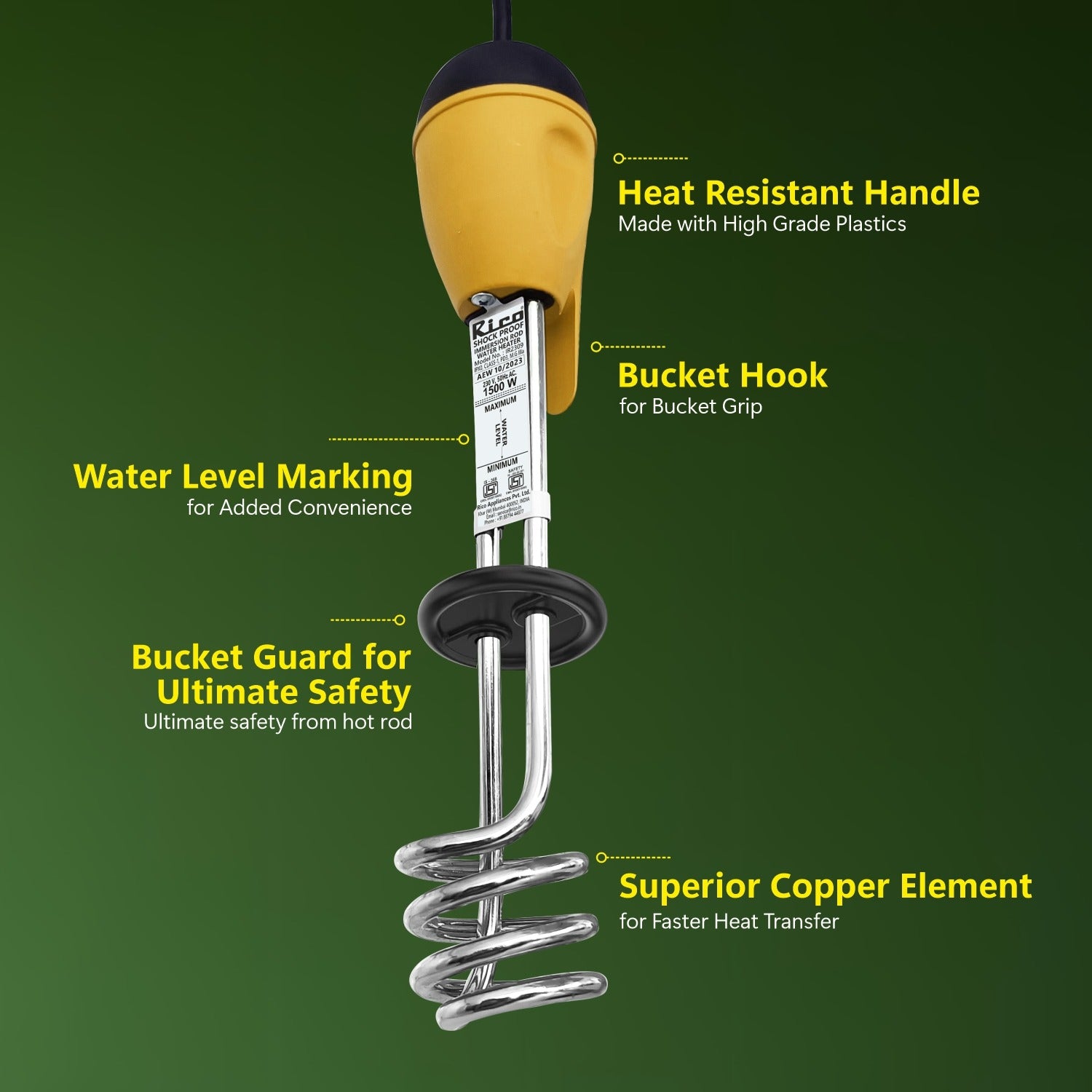 Shock* Proof Immersion Rod Water Heater 1500 Watts with Thermal Auto C ...