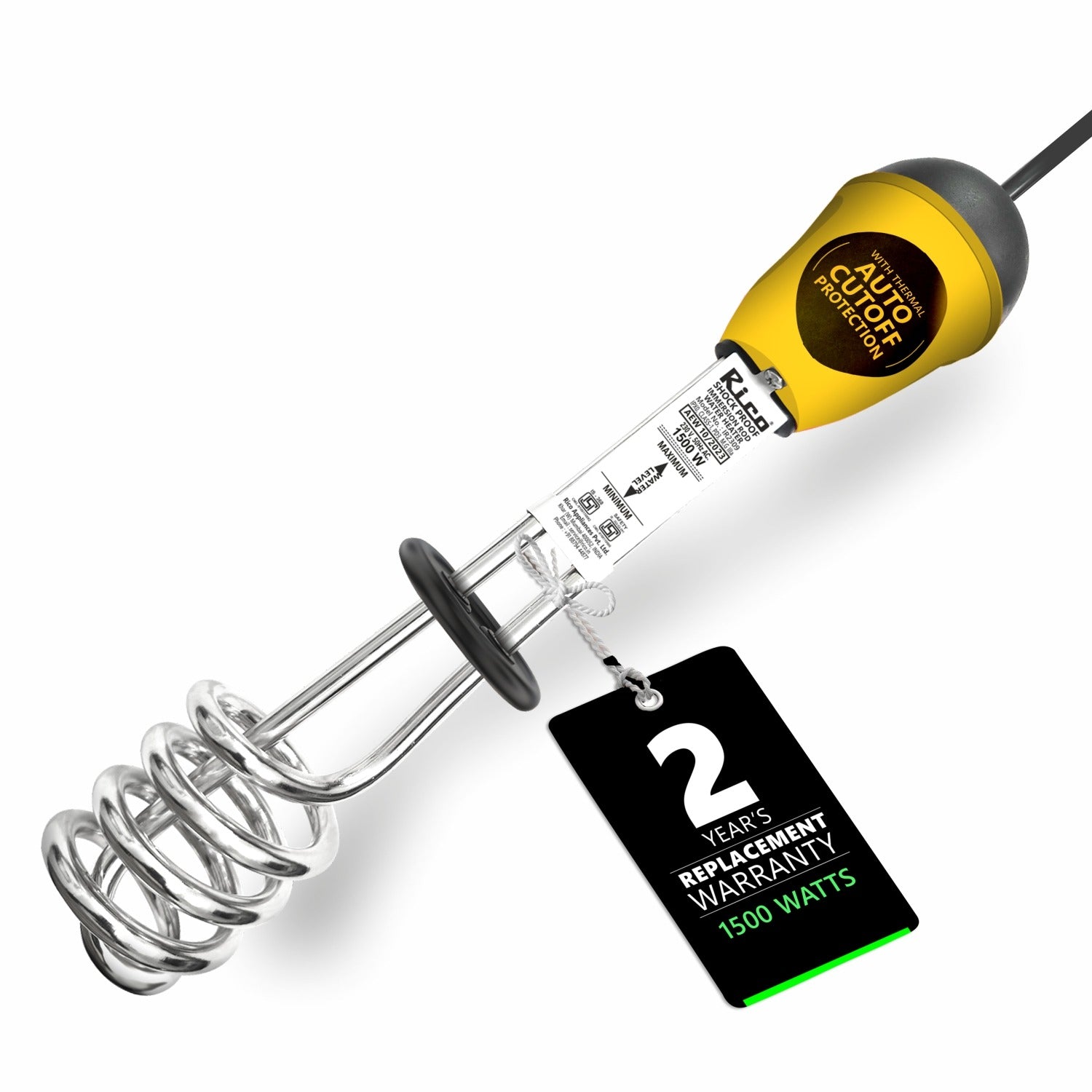 Shock* Proof Immersion Rod Water Heater 1500 Watts with Thermal Auto C ...