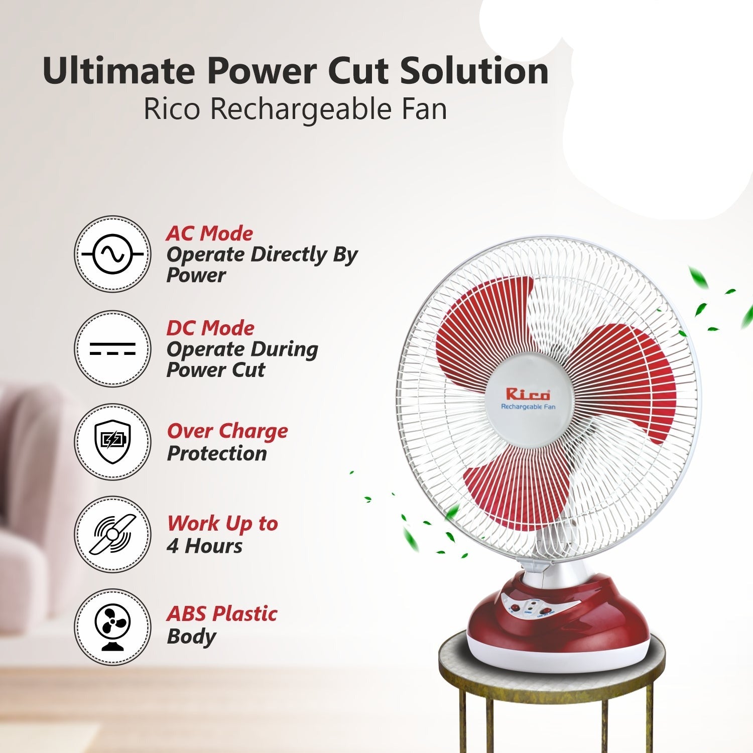 Rico Rechargeable AC DC Battery & Power Operated Table Fan RF806 (Red ...