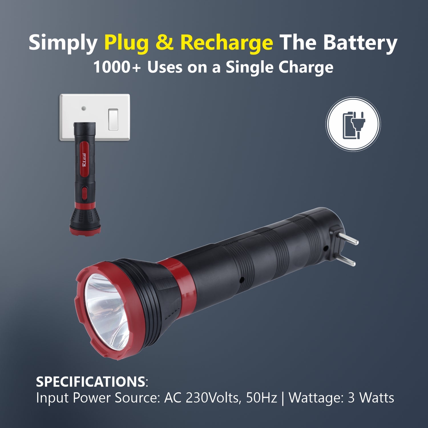 Rechargeable Led Torch Flashlight 3 Watts RT1526 (Red/Black)– Rico India